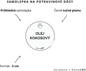 OLEJ KOKOSOVÝ - omyvatelná samolepka na dózu, výběr rozměrů Ø 5 cm / 5 x 5 cm / 6 x 8 cm | DomaLEP tvar: OBDÉLNÍK, barva: PRŮHLEDNÁ - ČERNÉ písmo, velikost: š. 6 cm x v. 8 cm - tučné písmo