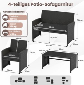 Costway 4-dílný ratanový zahradní nábytek proutěný 2-sedací souprava s tvrzeným