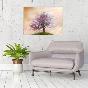 Skleněný obraz rozkvetlého stromu na vrcholku kopce (70x50 cm)