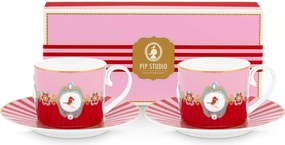 Pip Studio Love Birds sada 2 ks cappuccino šálků s podšálky 225 ml, červeno-růžová