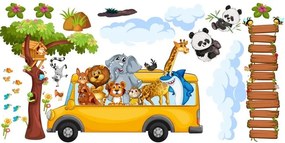 Nálepka pro děti veselé safari zvířátka cestující v autobuse 50 x 100 cm