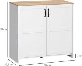 HOMCOM Kuchyňský Úložný Skříňový Kredenc s 2 Dveřmi a 2 Nastavitelnými Policemi - Bílý a Dřevo Vzhled - 90 x 39,5 x 88 cm