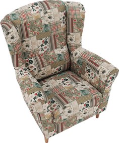 relaxační křeslo, ušák, dřevo/látka, nohy světlé/potah patchwork viorica 1, Tempo Kondela CHARLOT