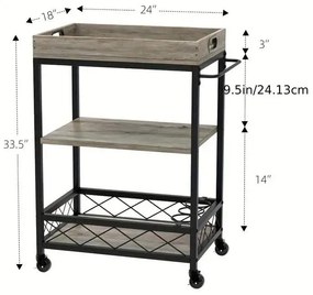 Servírovací stolek, kolečka, kov, dřevo, černá, šedá, NoBi HORAND