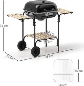 Ocelový gril na dřevěné uhlí Grilovací vozík s uzamykatelným víkem Gril na kolečkách Rukojeť Stojan na dřevo 98 x 54 x 91 cm Černá barva