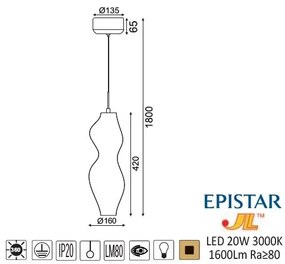 ACA DECOR LED závěsné svítidlo CARYATID 20W/230V/3000K/1600Lm/360°/IP20