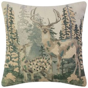 Béžový plátěný polštář jelen s vyšitými aplikacemi Deer Forest - 45*45 cm