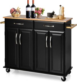 Costway Rolling Kitchen Island vozík s kaučukovou pracovní deskou 4 – černý