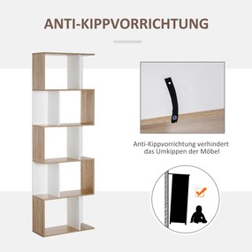 HOMCOM 5-patrová knihovna Dřevěný regál S-tvarovaný Moderní design pro obývací pokoj a kancelář 60x24x184,5 cm Bílá a dřevo