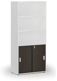 Kombinovaná kancelářská skříň PRIMO WHITE, zasouvací dveře na 2 patra, 1781 x 800 x 420 mm, bílá/wenge