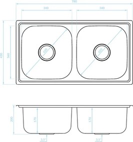 Kuchinox STANDARD, 2-komorový ocelový kuchyňský dřez 780x430x170 mm, SKS_020T