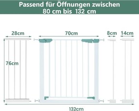 Costway Baby Door Gate 80-132 cm Kovová schodišťová brána Bez vrtání 80, bílý