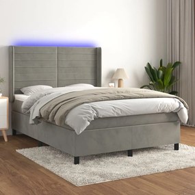 Box spring postel s matrací a LED světle šedá 140x190 cm samet