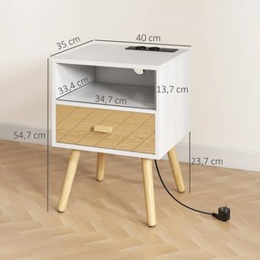 Noční stolek HOMCOM s nabíjecí stanicí, šuplíkem, 2 zásuvkami, USB & USB‑C, otevřenou policí, borovicové nohy, bílý