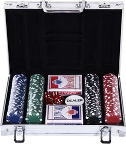 Pokerový kufřík HOMCOM s 200 žetony, 2 balíčky karet a 5 kostkami v hliníkovém kufříku, 29,5x20,5x6,5 cm, ideální pro herní večery