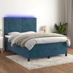 vidaXL Box spring postel s matrací a LED tmavě modrá 140x190 cm samet
