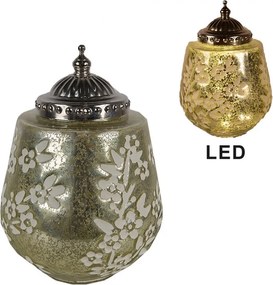 Zelená skleněná svítící LED lucerna s kvítky Balli - Ø 13*19 cm