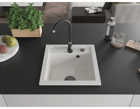 Mexen Vito, granitový dřez 520x490x210 mm, 1-komorový, bílá s černým sifonem, 6503521000-20-B