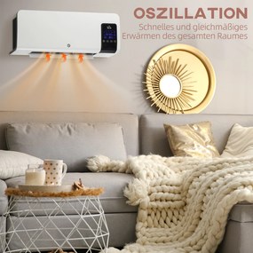 HOMCOM Elektrické topení, nástěnná montáž, oscilační funkce, 2 režimy, časovač, LED displej, bílá