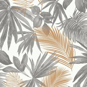Vliesové tapety na zeď IMPOL Jungle Fever JF3601, palmové listy zlato-šedé, rozměr 10,05 m x 0,53 m, GRANDECO