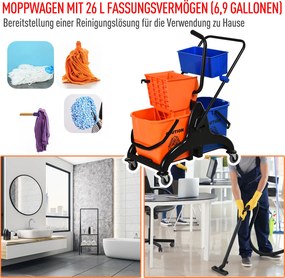 Úklidový vozík HOMCOM 26 litrů s lisem, kbelík na mop s kolečky, oranžový