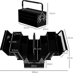 DURHAND kovový toolbox - Sada nářadí - 3 úrovně, 5 teleskopických přihrádek - Černý ocelový plech