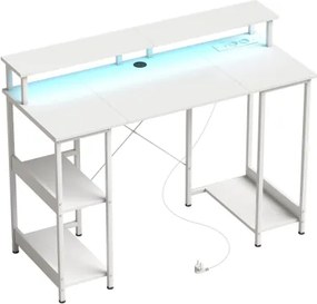 HOMCOM Otočný počítačový stůl s úložnými prostorami, 120x50 cm, s elektrickými zásuvkami a LED světly, bílý s dřevěným vzhledem