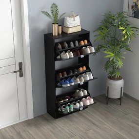 HOMCOM Skříň na boty, botníková police se 3 skládacími dveřmi, 3 přihrádky, dřevěná, 60Š x 26H x 124V cm, lesklá černá | Aosom