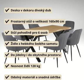 Vikio Jídelní set pro 6 osob 160x90 cm soft dub noha X šedá židle s područkami VJS226-6S