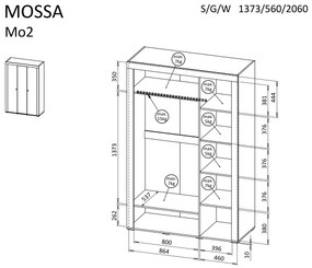 Šatní skříň Mossa MO 2 Dolmar 138/207/56 Barva: dub whisky/bílý mat