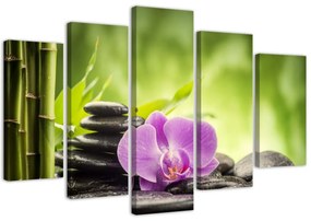 Obraz na plátně pětidílný Orchidejové zenové kameny - 200x100 cm