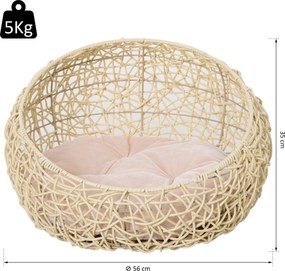 PawHut ratanový pelíšek pro kočky Pohodlná jeskyně pro kočky s polštářem Koš pro kočky a pelíšek pro psy Béžová Ø56x35cm pro kočky a malé psy | Aosom…