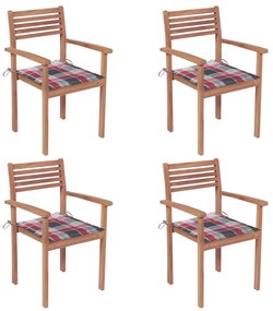 Zahradní židle 4 ks červené kárované podušky masivní teak,  3062302