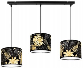 Závěsné svítidlo Gold Flowers, 3x černé textilní stínítko s květinovým vzorem