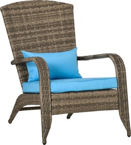 Zahradní křeslo Adirondack Outsunny s područkami a polštáři, ratan a ocel, 64x80x90 cm, Hnědé a Modré | Aosom