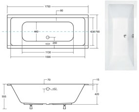 Besco Quadro Slim 175x80, 180x80 akrylátová vana Délka vany: 175cm