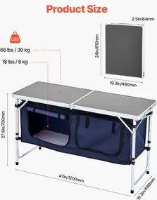 Kempingový kuchyňský stůl, 3 nastavitelná výška VEVOR