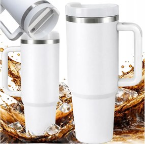 VERK Velký nerezový termohrnek se slámkou a držadlem – 1,2 l - bílý