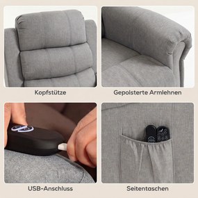 HOMCOM Masážní křeslo s asistencí při vstávání, relaxační křeslo, vibrační hlavy, s polohovací funkcí, vzhled lnu, světle šedá