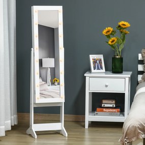 HOMCOM LED šperkovnice se zrcadlem, zrcadlová skříňka, stojací zrcadlo, police na šperky, nastavitelný zrcadlo, krémově bílá, výška 136 cm