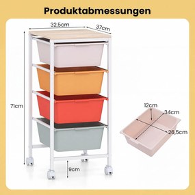 Costway Pojízdný zásuvkový vozík s 4 zásuvkami z plastu barevné, makaron barevné