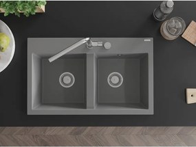 Mexen Hektor, 2-komorový granitový dřez 800x480x205 mm, šedá, chromový sifon, 6521802000-71