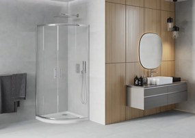 Mexen Rio, čtvrtkruhový sprchový kout s posuvnými dveřmi 90 x 90 cm, 5mm sklo námraza, chromový profil + bílá sprchová vanička, 863-090-090-01-30-4110