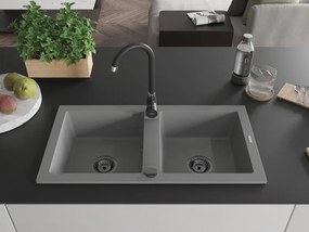 Mexen Mario, granitový dřez 820x436x161 mm, 2-komorový, šedá s černým sifonem, 6504822000-71-B