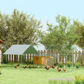 Ocelový výběh pro kuřata PawHut, 300 x 600 x 195 cm, klec pro kuřata s krytem odolným proti UV záření, dvířka na krmení, závěsné krmítko, hřad, výběh…