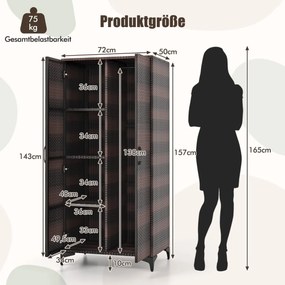 Costway Skříň z PE ratanu se 2 dveřmi a šatní tyčí a 4 přihrádková, hnědý