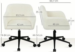 HOMCOM Otočná kancelářská židle na kolečkách, židle ke stolu, fleecová látka, pěna, výškově nastavitelná, home office, krémově bílá