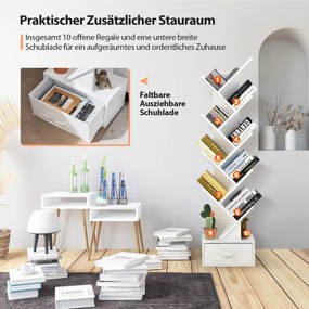Costway Knihovna 10 Tier Tree Book se zásuvkou na podlaze stojící úložný regál