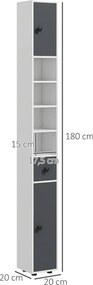 Kleankin Moderní vysoká skříňka do koupelny s 1 zásuvkou, 5 výškově nastavitelnými policemi a 2 dvířky - Koupelnový nábytek do 30 kg, 20x20x180 cm, Š…