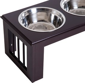 PawHut Vyvýšená miska pro psy s nerezovými miskami, miska na krmivo z MDF v barvě kávy, 58,4 x 30,5 x 25,4 cm, ideální pro domácí zvířata